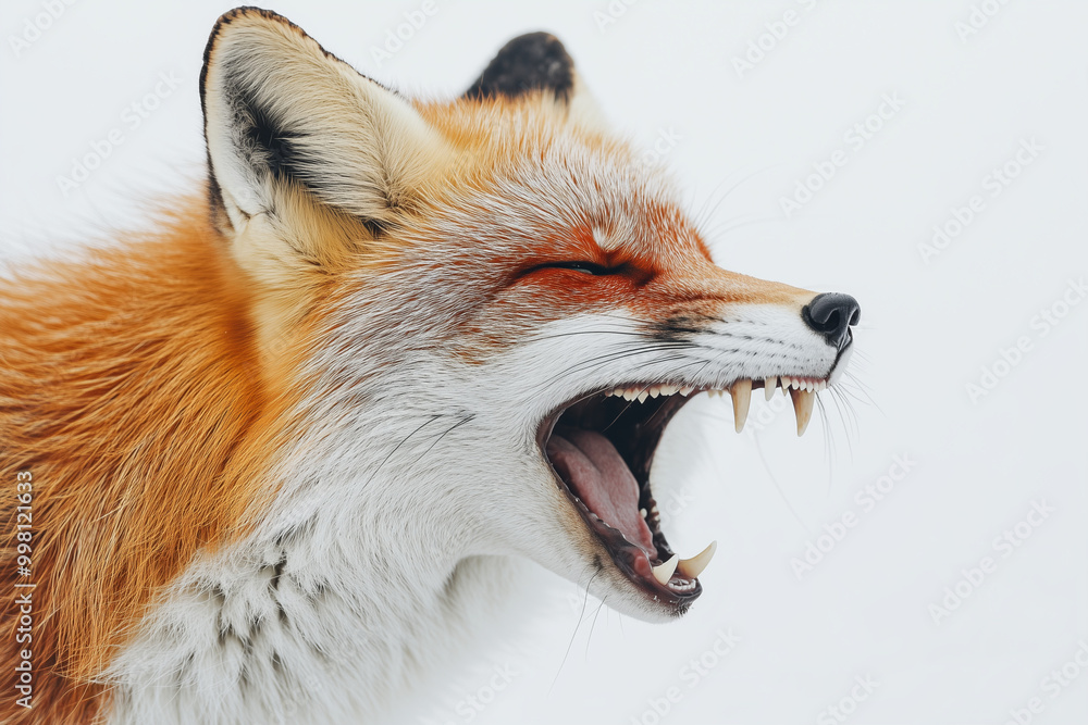 Red Fox Mid-Yawn with Open Mouth A red fox captured mid-yawn, showing ...