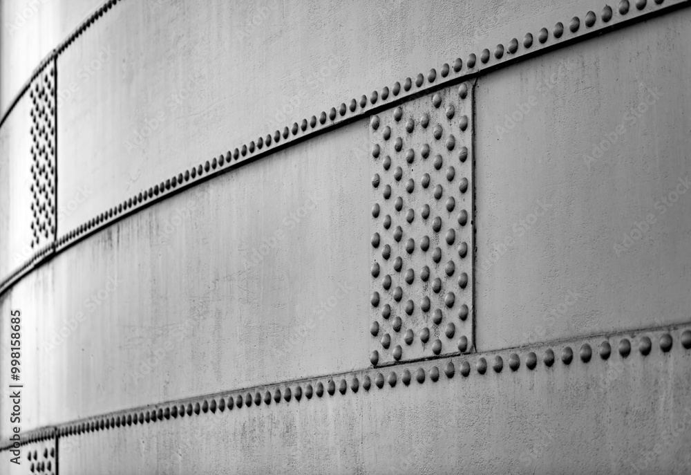 Curved steel wall with riveted metal plates with vanishing point ...