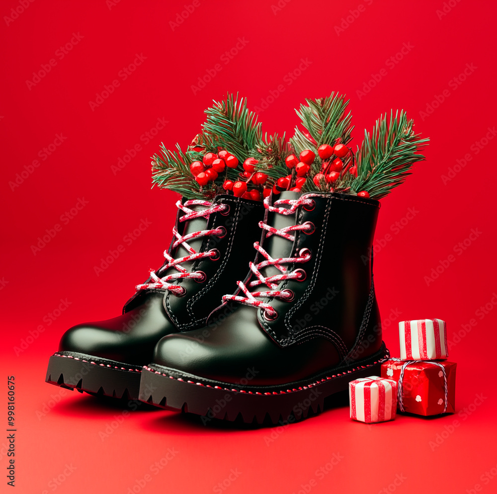 Photo of black polished shiny boots with fir branches and sweets ...