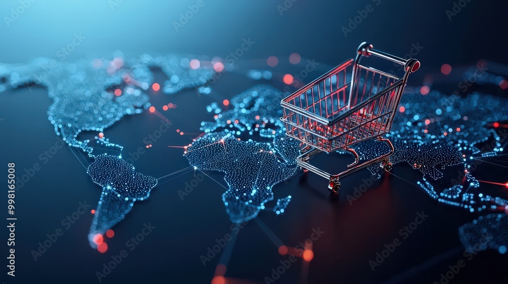 A digital shopping cart sits on a global map, representing online ...