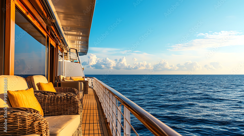Luxurious cruise ship balcony with plush seating and a panoramic ocean ...
