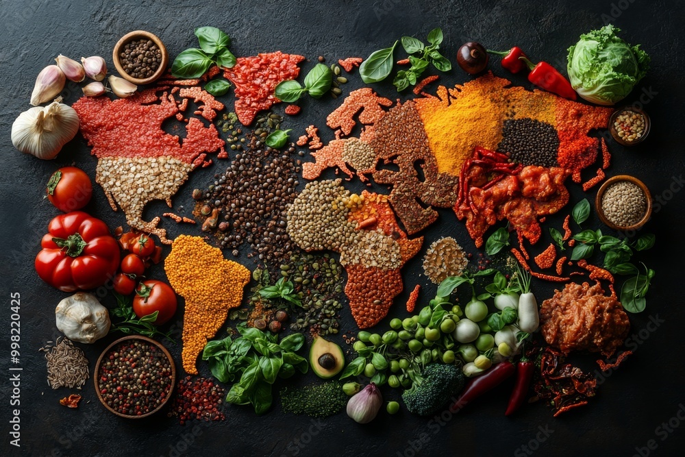 Diverse range of global cuisines. Top view of world map made of food ... Diverse range of global cuisines. Top view of world map made of food ...