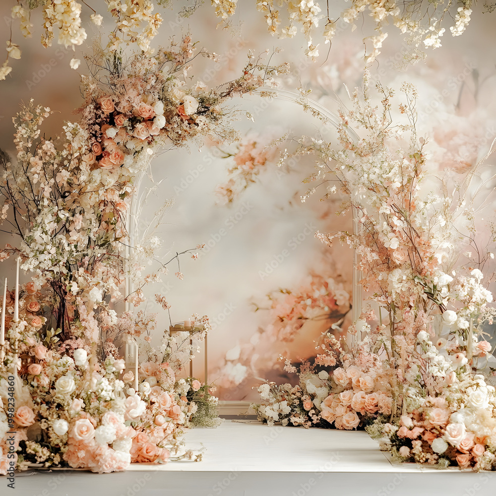 Wedding interior design idea with pink flowers in fairytale style with ...