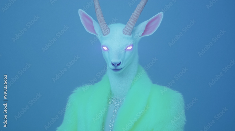 Humanoid goat figure with pale blue skin, glowing horns, and wearing ...