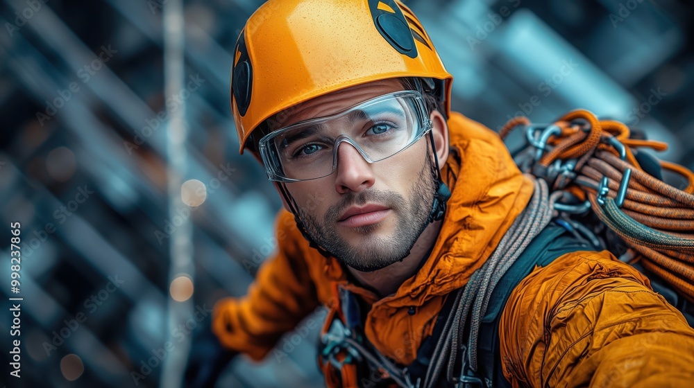 Construction worker wearing safety gear and a harness works at height on a building site ...