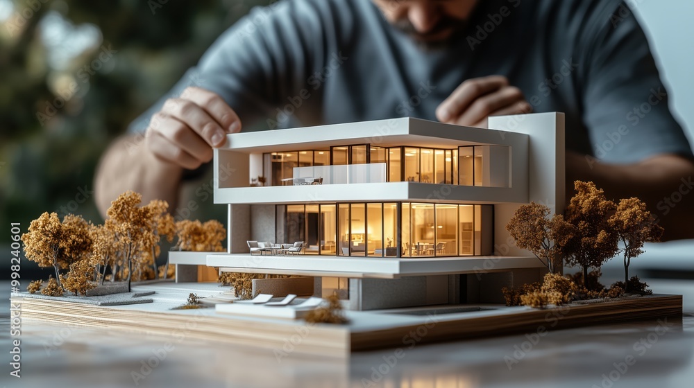 Architect building detailed model of modern house. Architect carefully ...