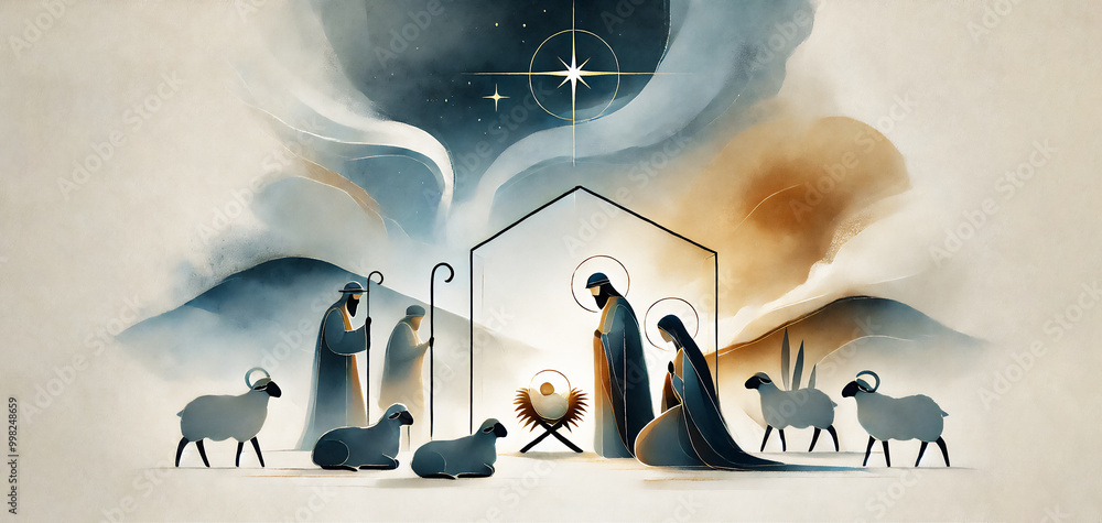 Watercolor painting representing Nativity scene in Bethlehem. Christmas ...