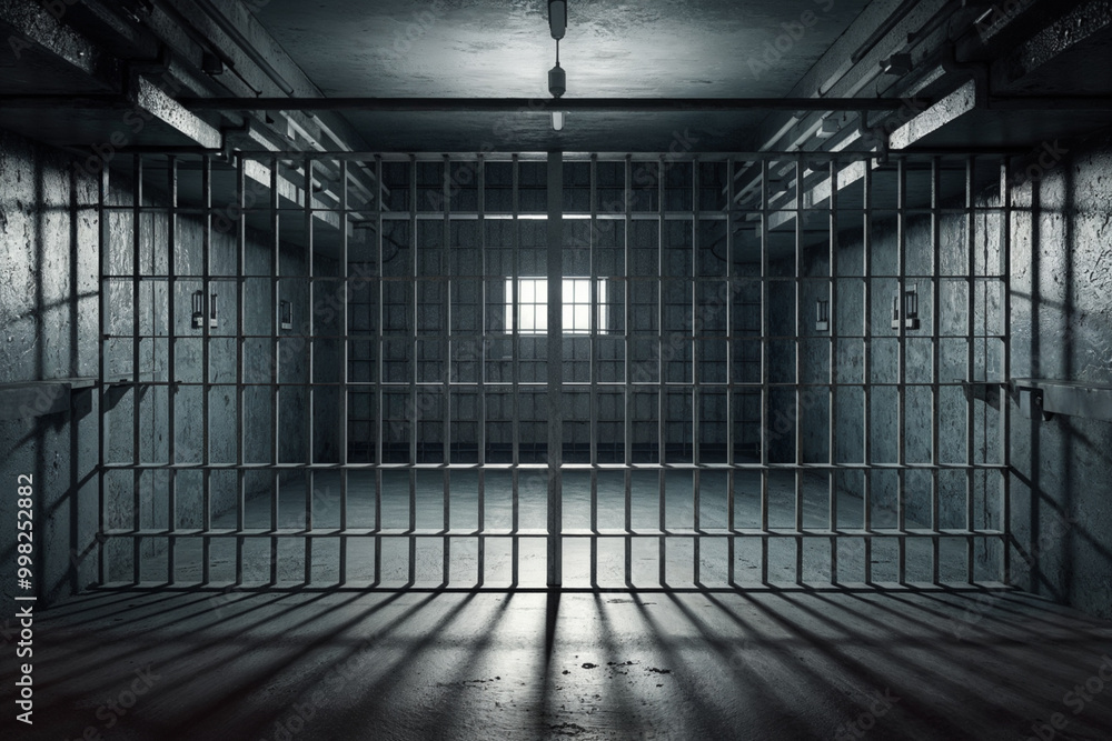Empty prison cell. Steel prison bars. Dimly lit. Concrete floor, walls ...