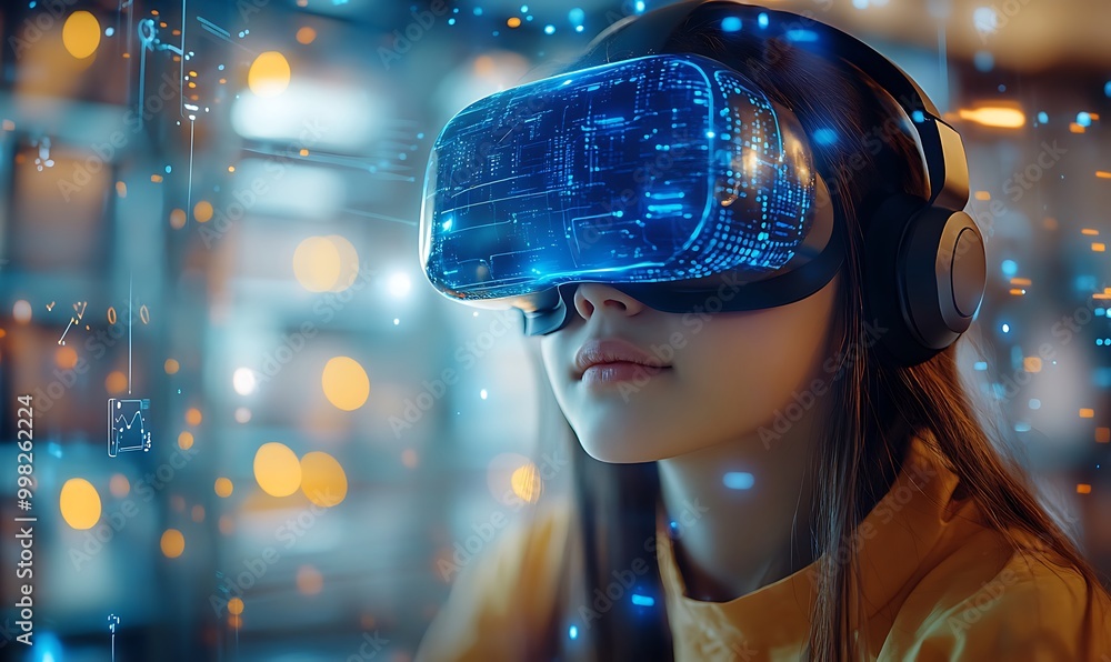 School student with VR headset using AI artificial intelligence ...