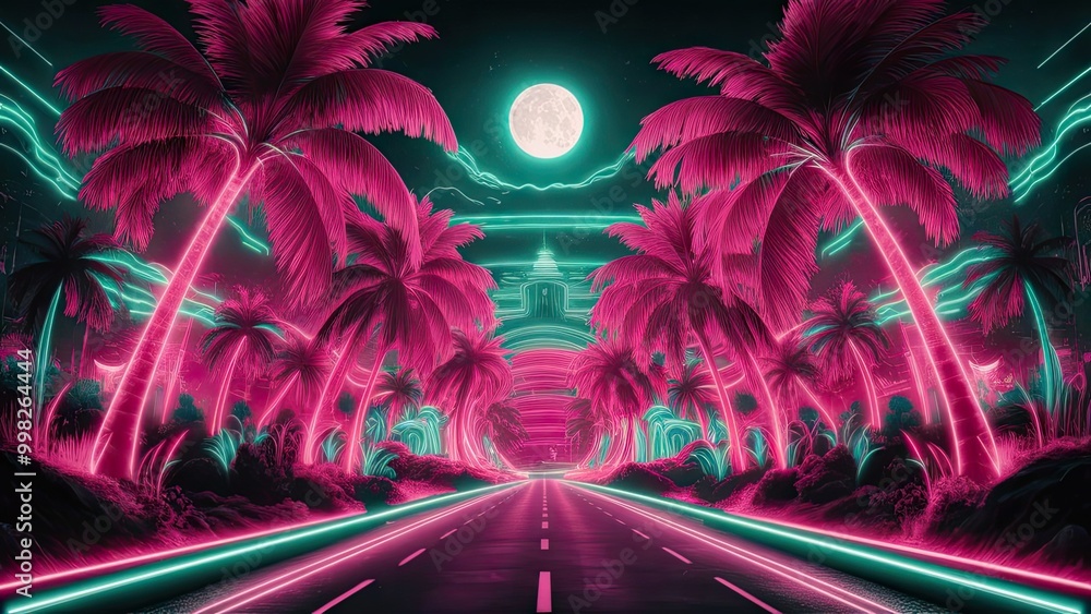 Neon pink-toned synthwave artwork featuring an empty road lined with ...