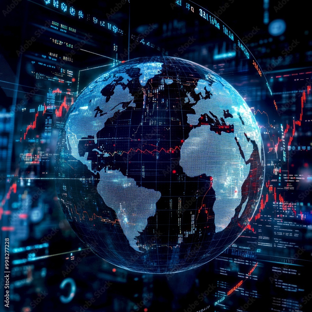 Explore the digital globe with vibrant data overlays. This image ...