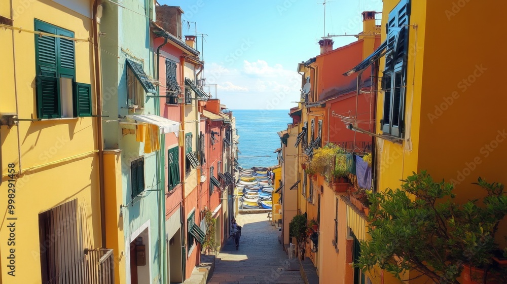 Colorful houses line the narrow streets of a seaside village, with the ...