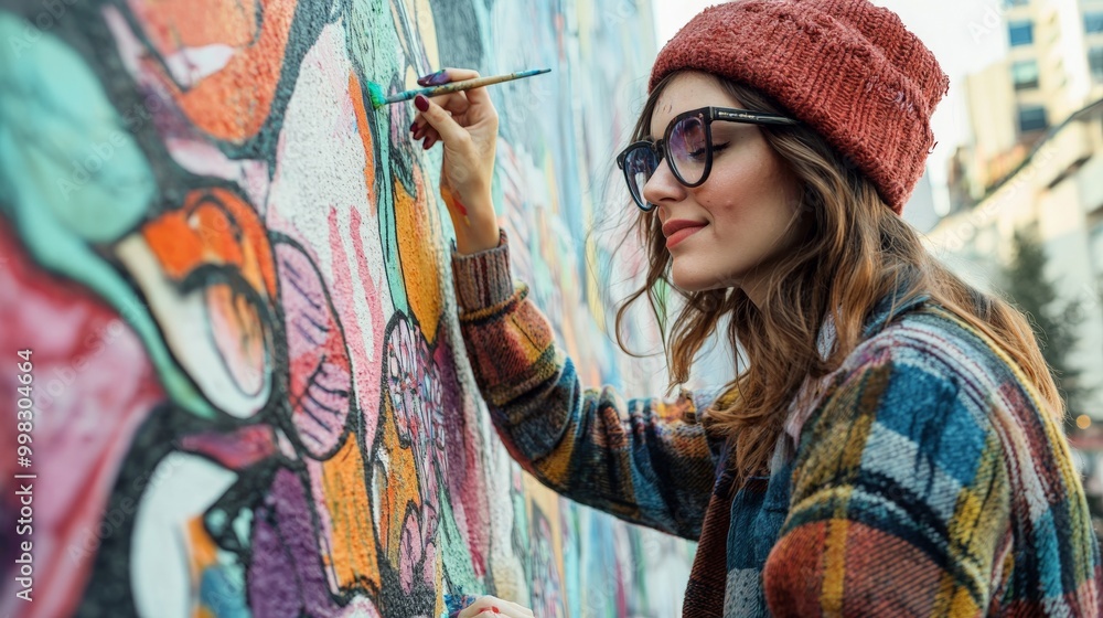 Playful 20s female artist creating street art on a city wall ...