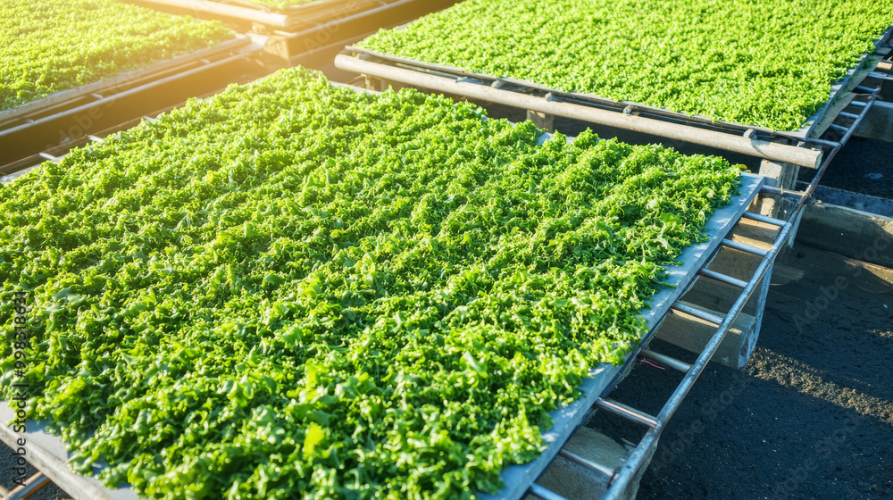 Lush green seaweed drying in sun on racks, showcasing vibrant colors ...