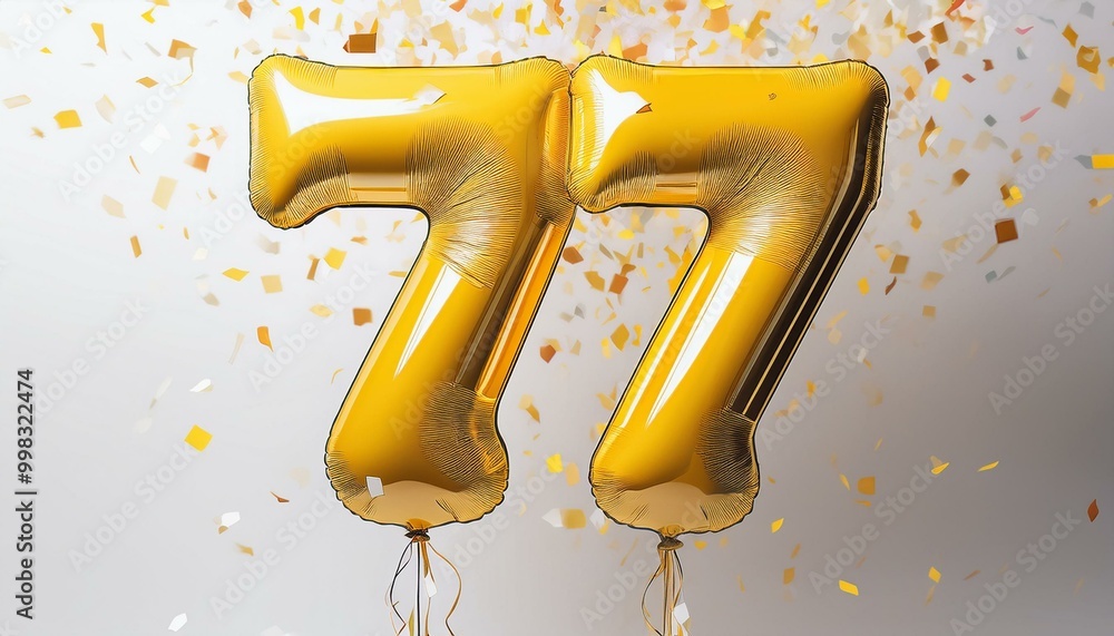 Yellow birthday / anniversary balloon, number 77, white background with ...