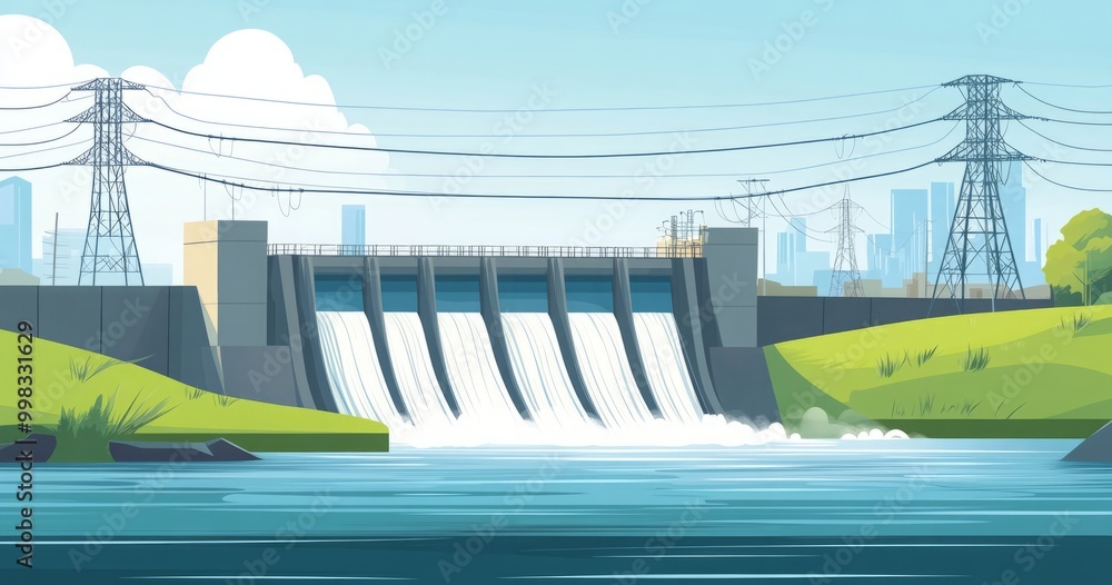 Aerial view of a stunning dam and its gates in full flow, where ...
