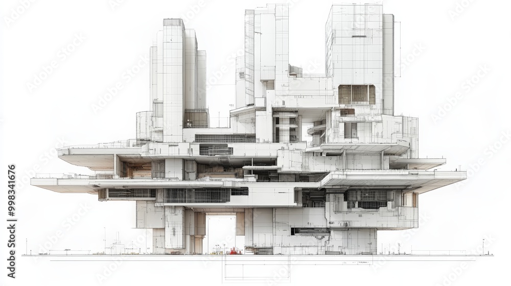 Cross-section CAD drawing of a huge building, future brutalism ...