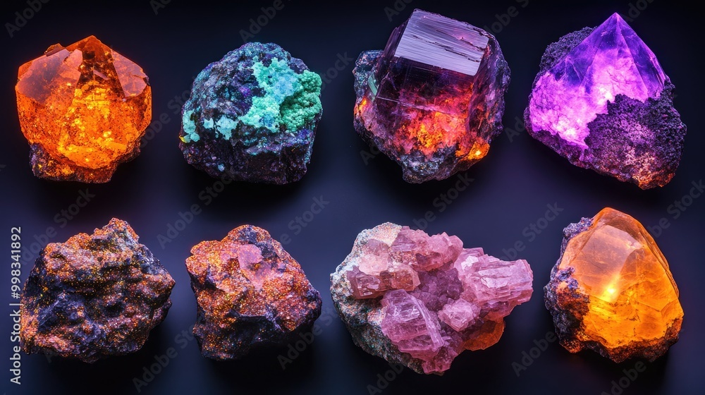 Collection of fluorescent minerals showcased in a wide banner format ...
