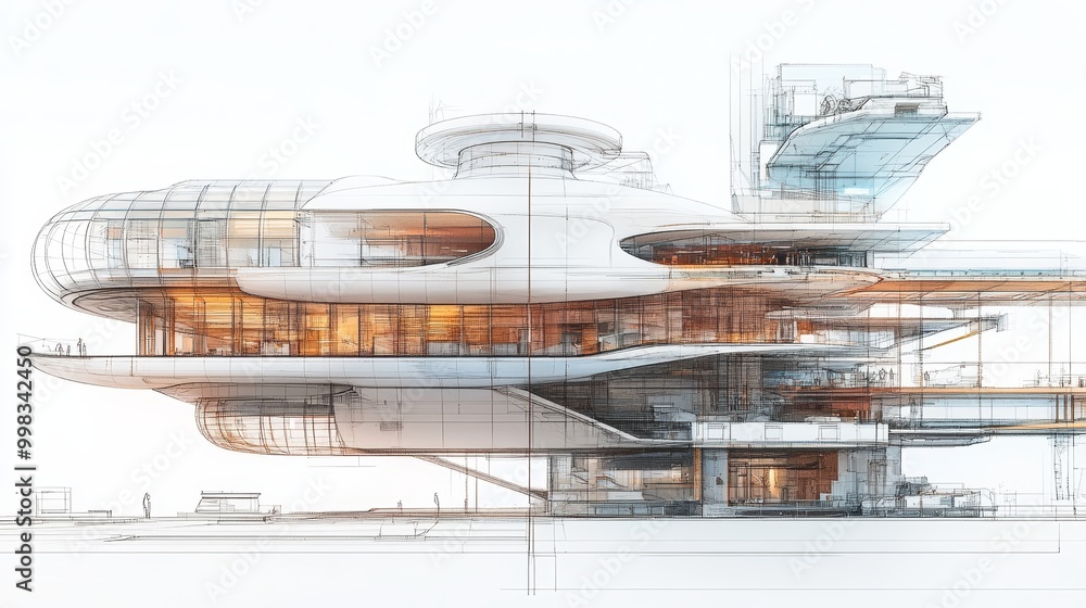 Cross-section CAD drawing of a huge building, future brutalism ...