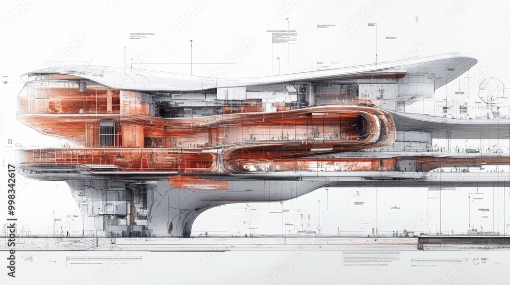 Cross-section CAD drawing of a huge building, future brutalism ...