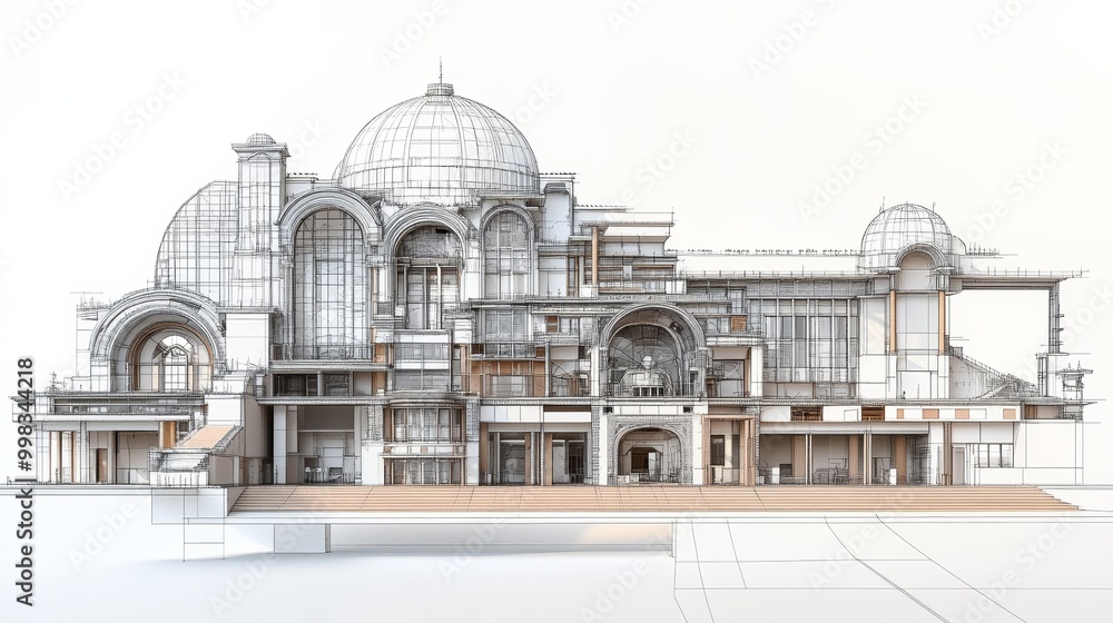 Cross-section CAD drawing of a huge building, future brutalism ...