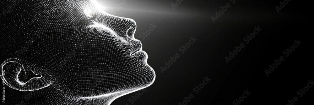 The image displays a human face composed of monochromatic dots ...