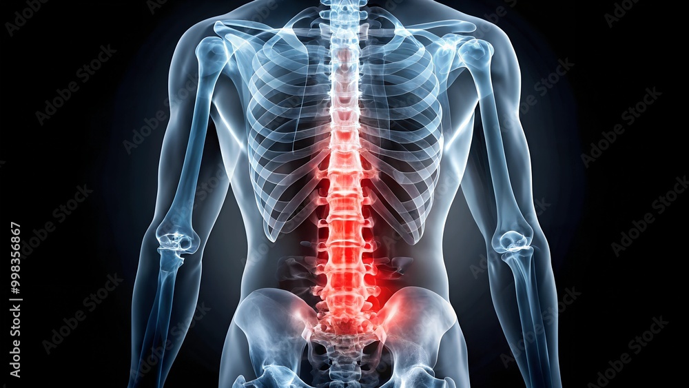 Anatomical illustration of a human spine shown in x-ray, highlighting ...