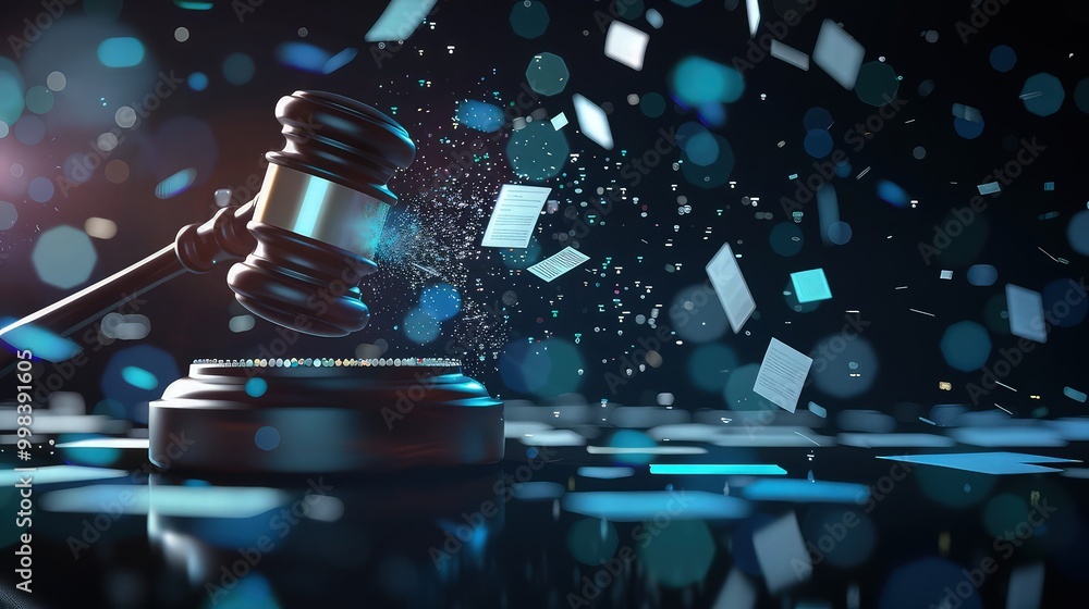 A conceptual visualization of a gavel hitting a virtual button that ...