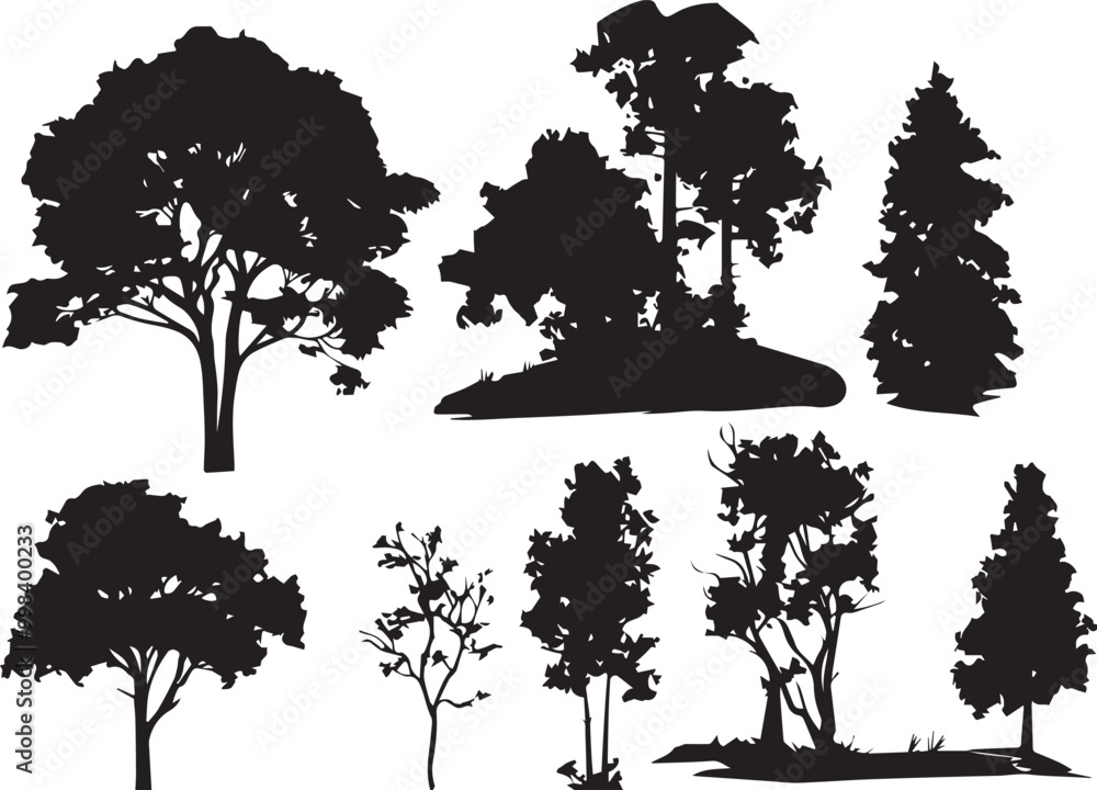 Silhouette tree set. Side view, set of graphic trees elements outline ...