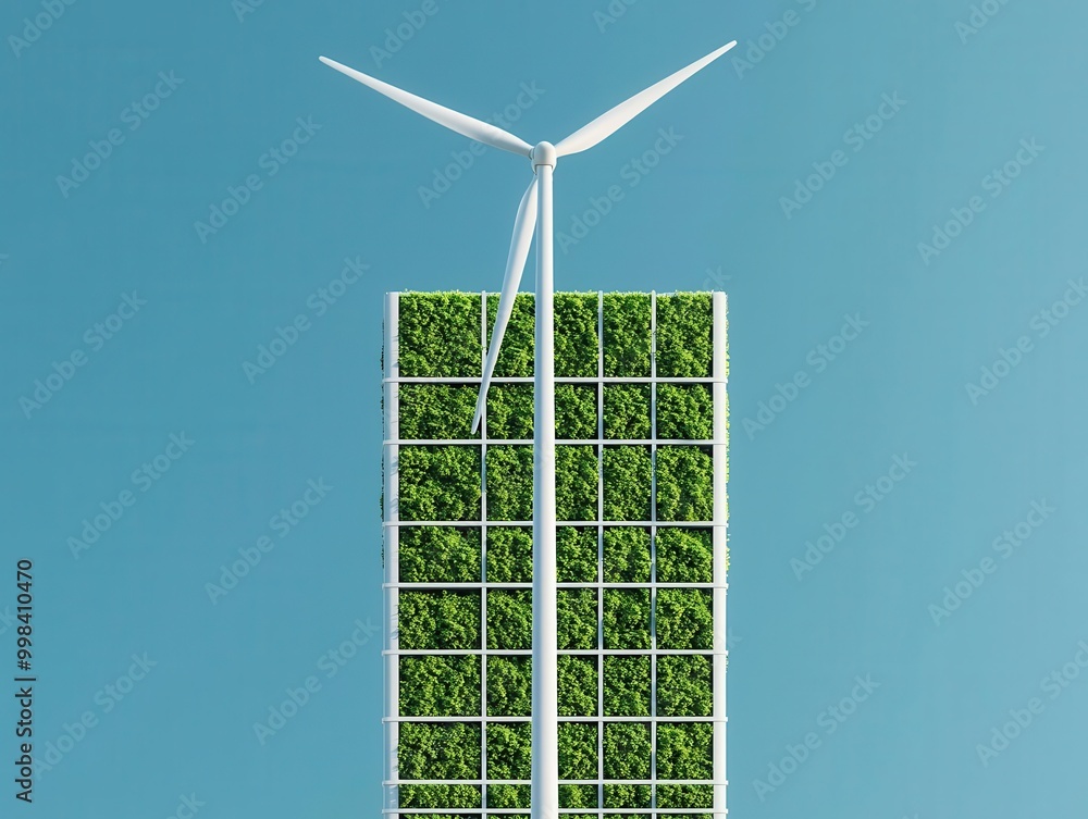Futuristic skyscraper with green walls, wind turbines, and energy ...
