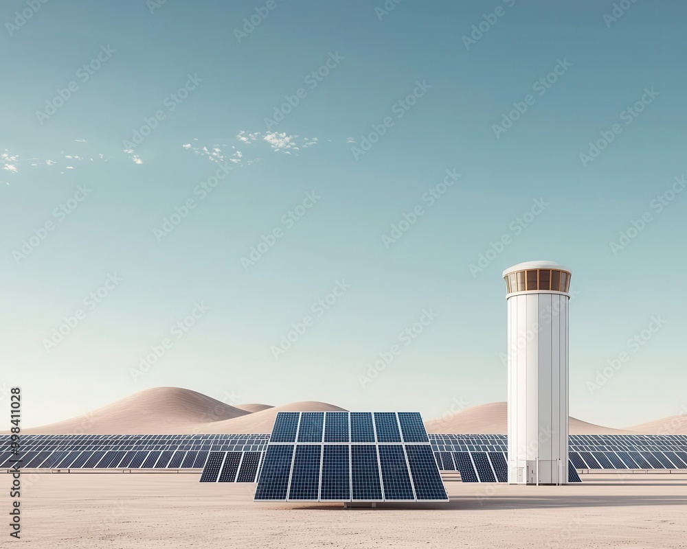 Desert solar farm with energy storage containers and a futuristic ...