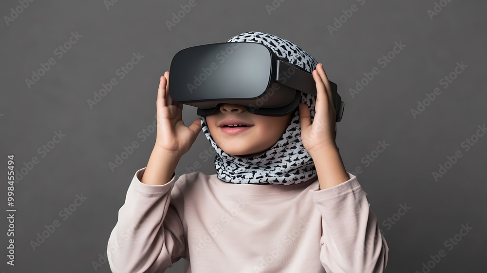 Saudi Arabian boy in thobe using VR headset, seated and interacting ...
