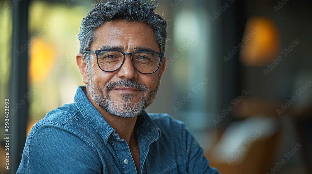The image shows a 45-year-old gentle aboriginal Australian man wearing ...