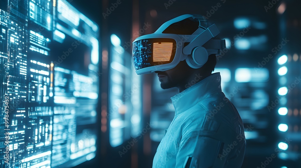 Person wearing a VR headset in a bright futuristic environment with ...