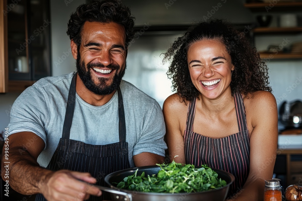 A joyful couple prepares a healthy green salad together in a modern ...