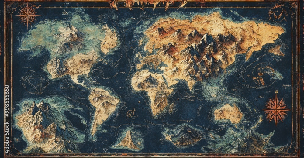 Fantasy world map with mountains rivers and mystical creatures Stock ...