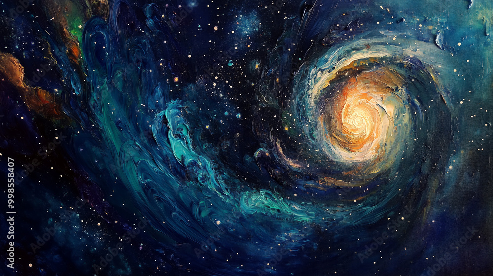 An abstract background featuring an oil painting of a galaxy and stars ...