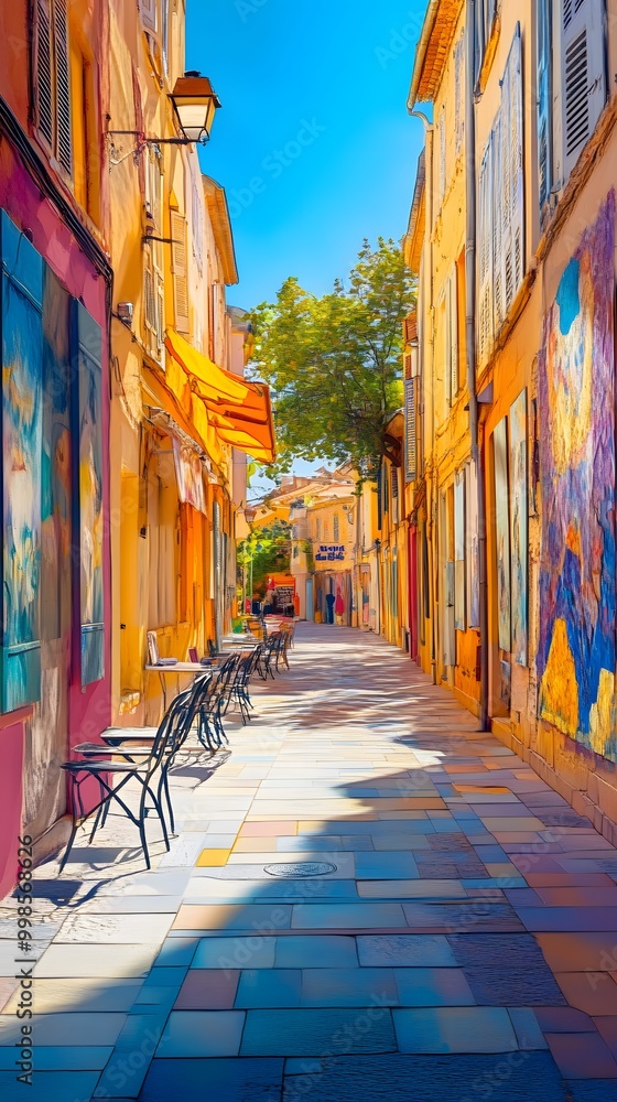 Colorful street in the city of Aix-en-Provence, with paintings on ...