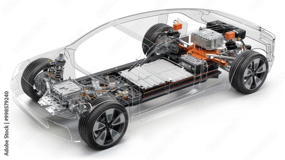 Transparent view of electric vehicle structure, highlighting complex ...