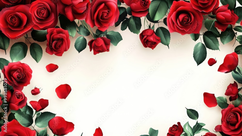 Beautiful red rose border with realistic flower petals and greenery ...
