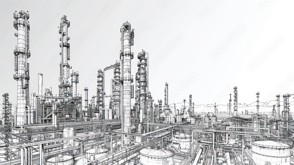 Стоковая иллюстрация «Line drawing depicting an industrial landscape ...
