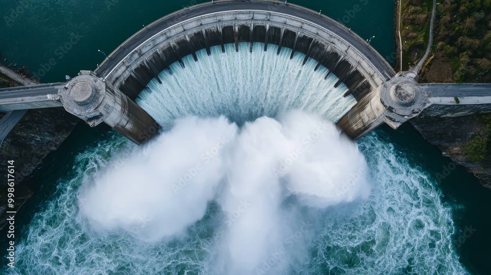 Aerial view of a hydroelectric dam, water surging through giant ...