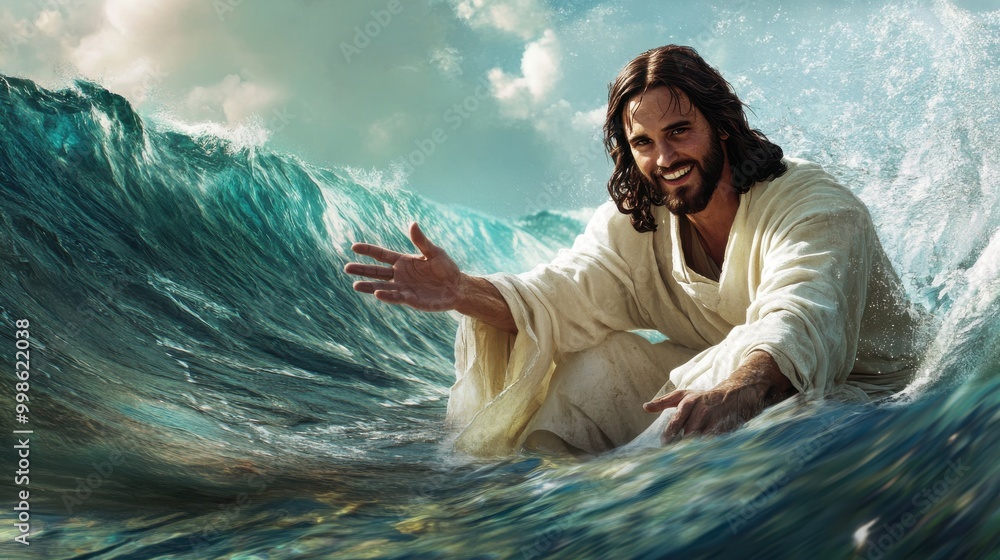 Jesus calming the stormy seas with a warm smile, inspiring hope and ...