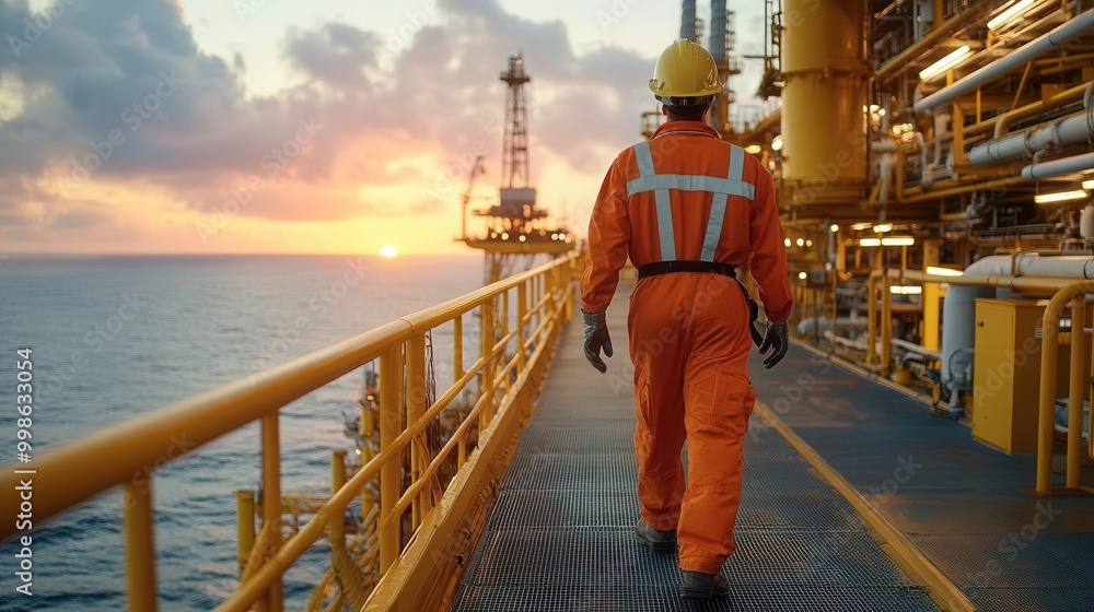 offshore oil rig worker in full safety gear walking along elevated ...