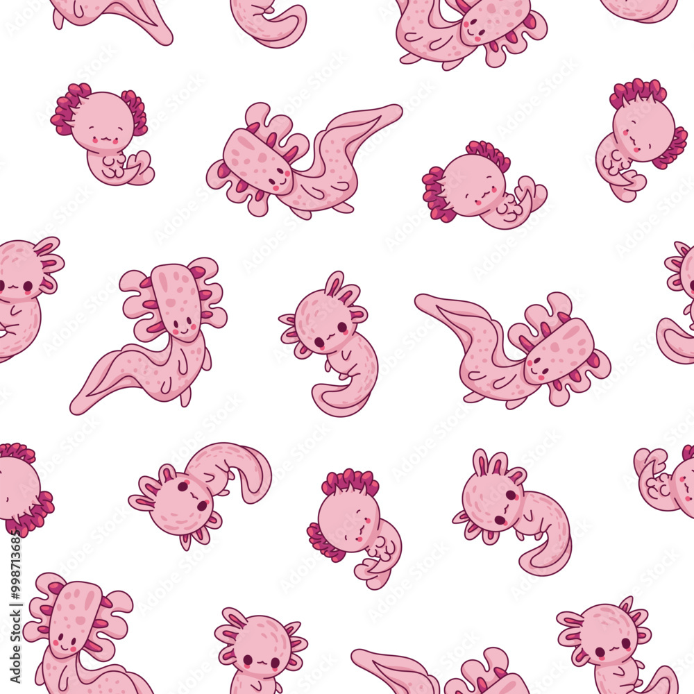 Cute axolotl character. Seamless pattern. Kawaii ambystoma amphibian ...