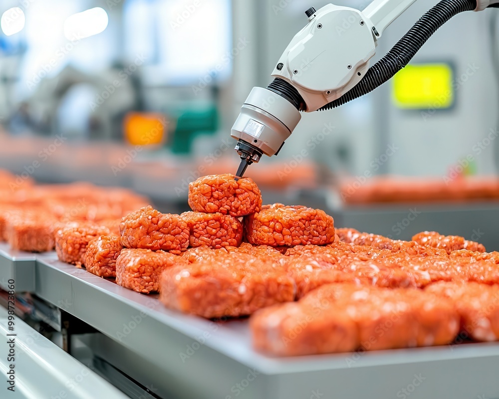 Fully automated food processing line with robotic arms ensuring quality control of packaged ...