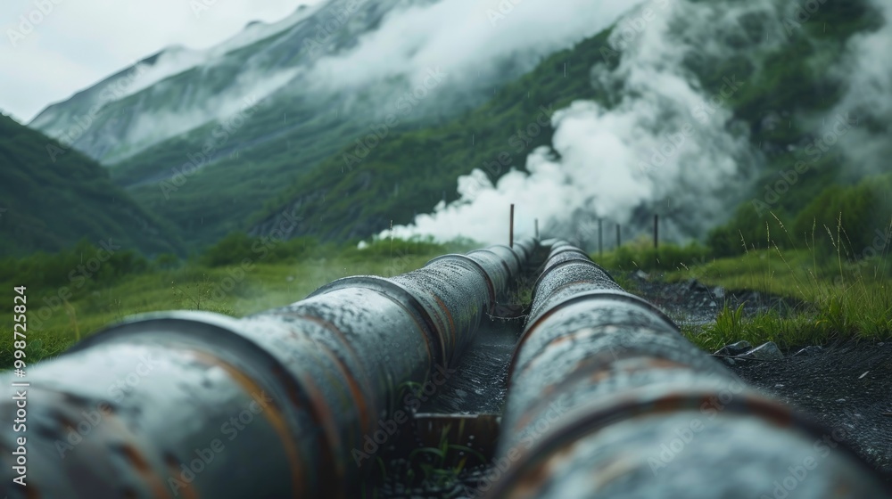 Hot Steam Pipes And Tubes With Slope Mountain Grass Background Uap ...