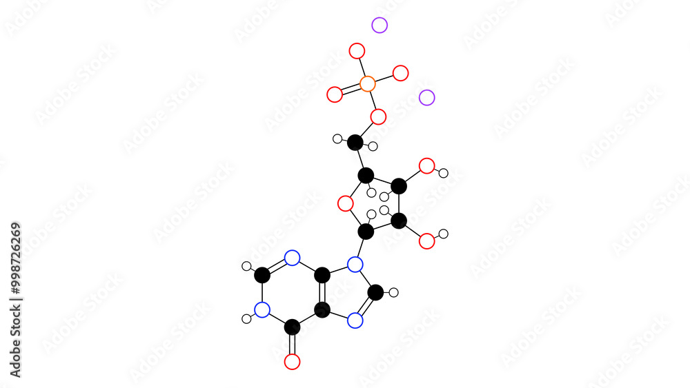 disodium inosinate molecule, structural chemical formula, ball-and ...