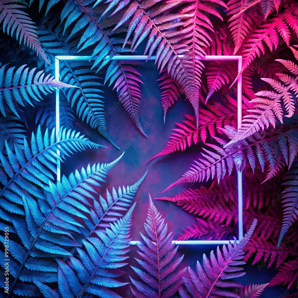 Neon Frame with Fern Leaves - Blue and Purple Glow Design with Empty ...