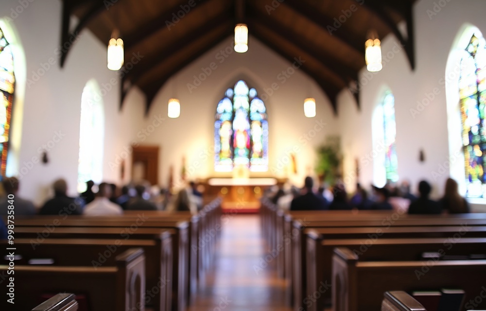 church interior with blurred stained glass windows, high ceilings, and ...